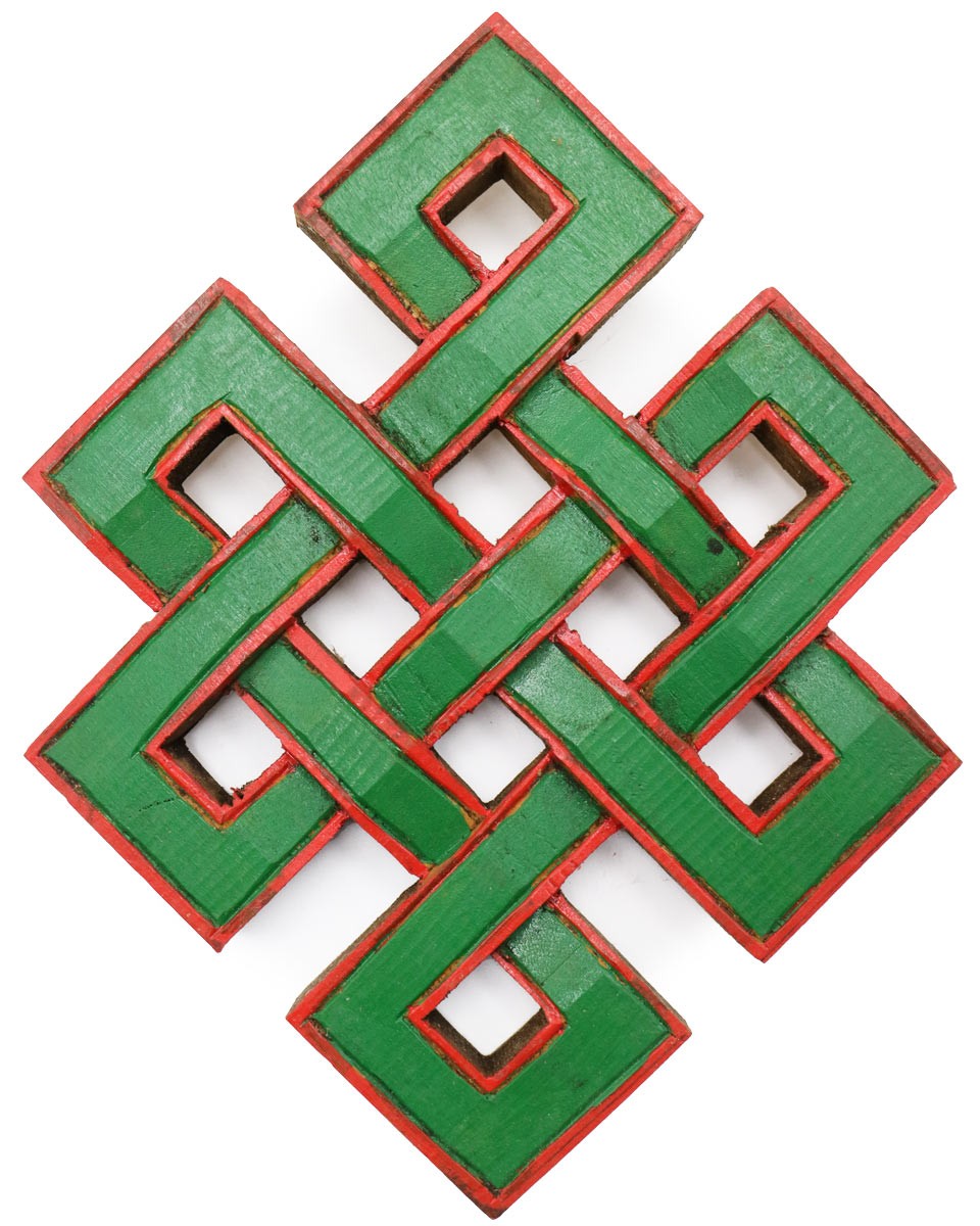 Nodo dell'infinito in legno dipinto. Prodotto in Nepal